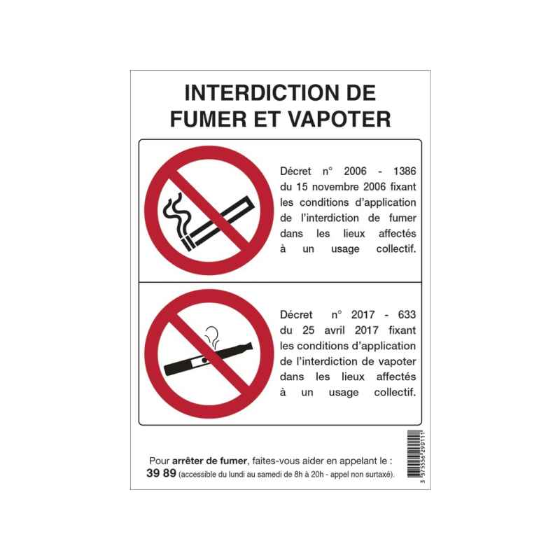 Panneau plastique A4 "INTERDICTION DE FUMER ET VAPOTER"